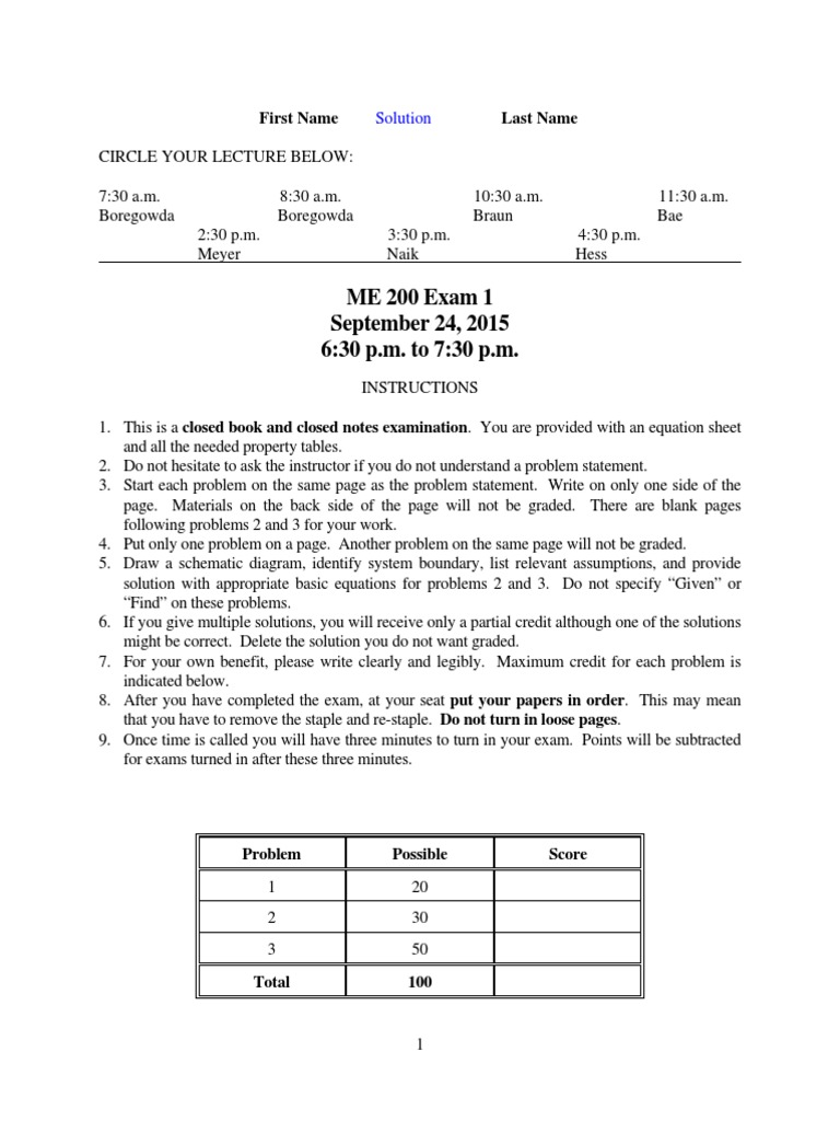 ME200 Exam 1: Thermodynamic Problems and Solutions | PDF | Gases | Heat