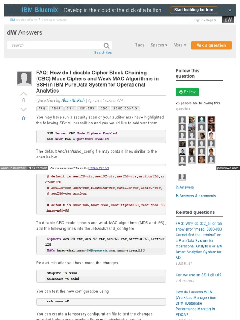 Developer Ibm Com Answers Questions 187318 Faq How Do I Disable-Cbc and Weak Mac | PDF | Secure ...