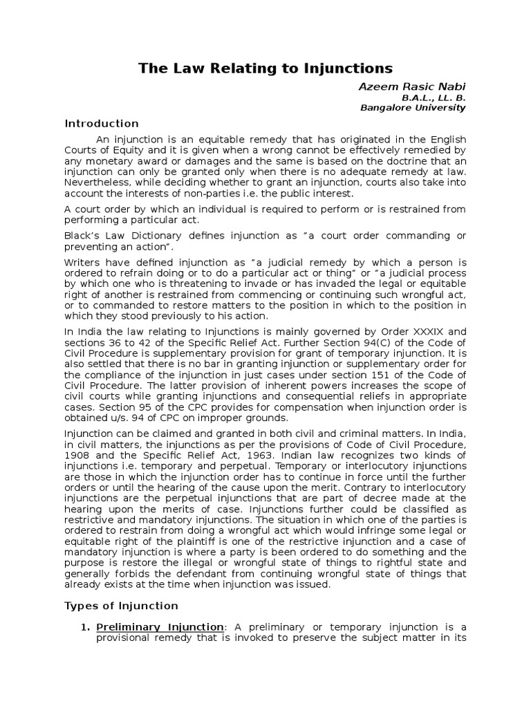 Law Relating To Injunctions | PDF | Injunction | Equity (Law)