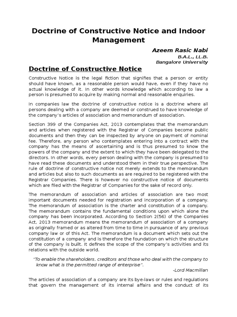 Doctrine of Constructive Notice and Indoor Management | PDF | Government Information | Government