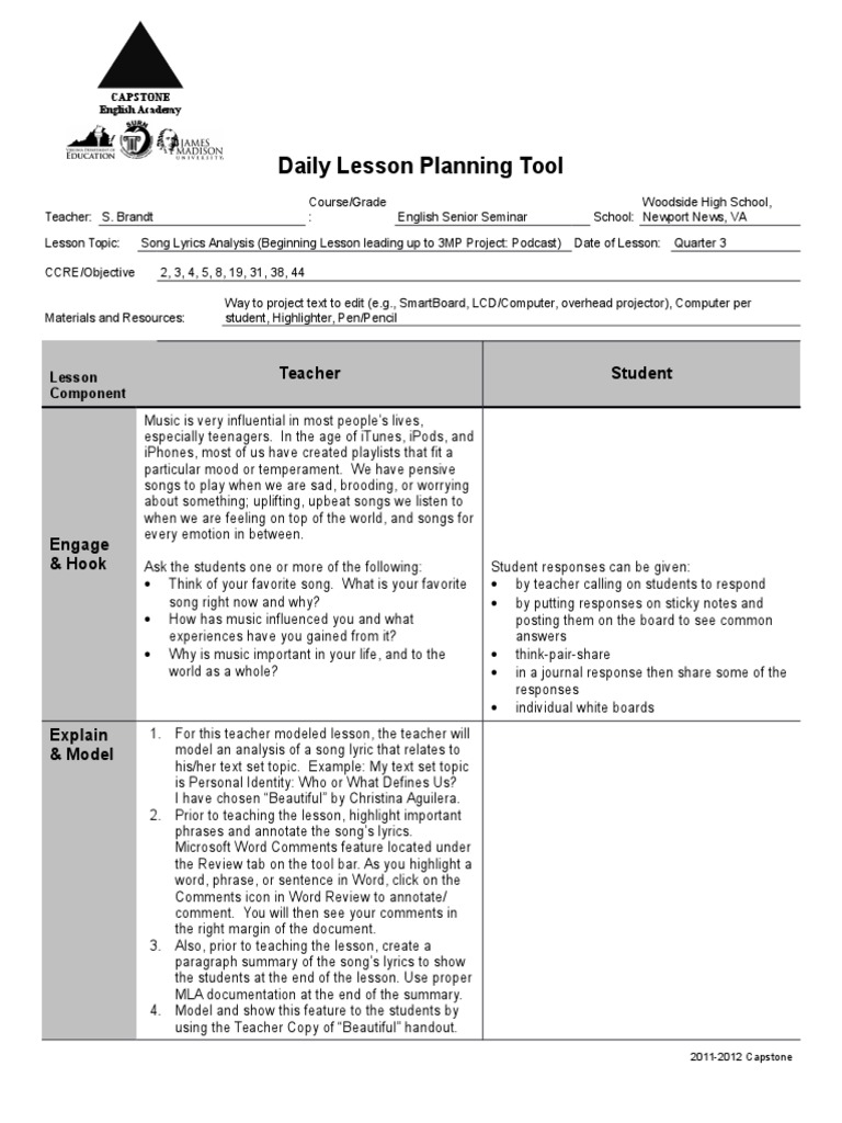 Song Lyrics Analysis Lesson | PDF | Microsoft Word | Phrase