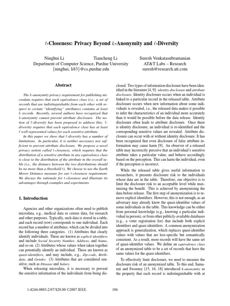 T Closeness Privacy Beyond K Anonymity and L Diversity | PDF | Privacy ...