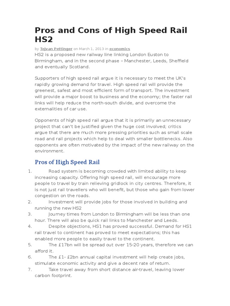 HS2: Pros and Cons Overview | PDF | Rail Transport | Transport