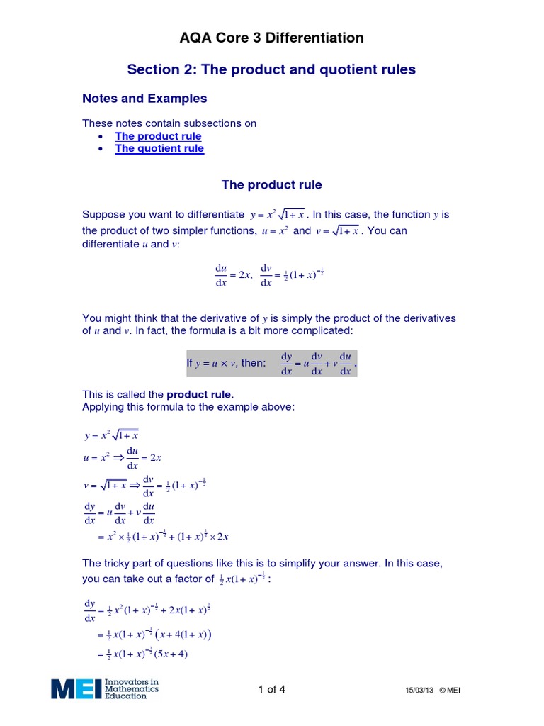 The Product & Quotient Rules | PDF | Rates | Derivative