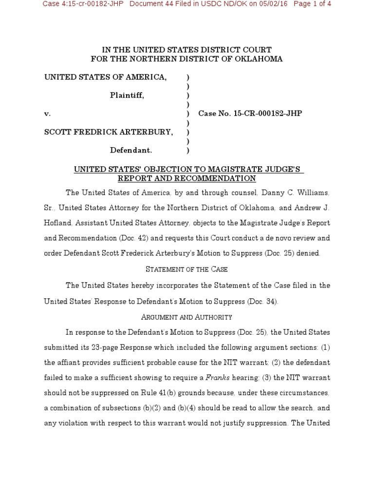 United States' Objection To Magistrate Judge's Report and ...