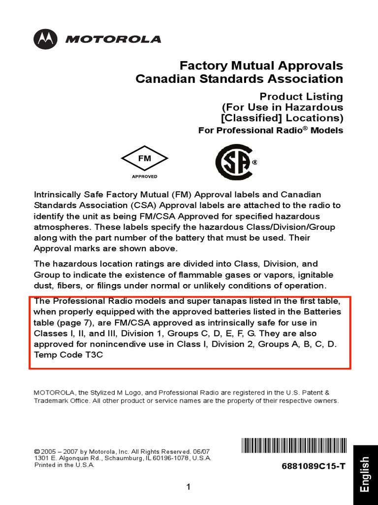 MOROTOLA Factory Mutual Approvals | PDF | Very High Frequency | Headphones
