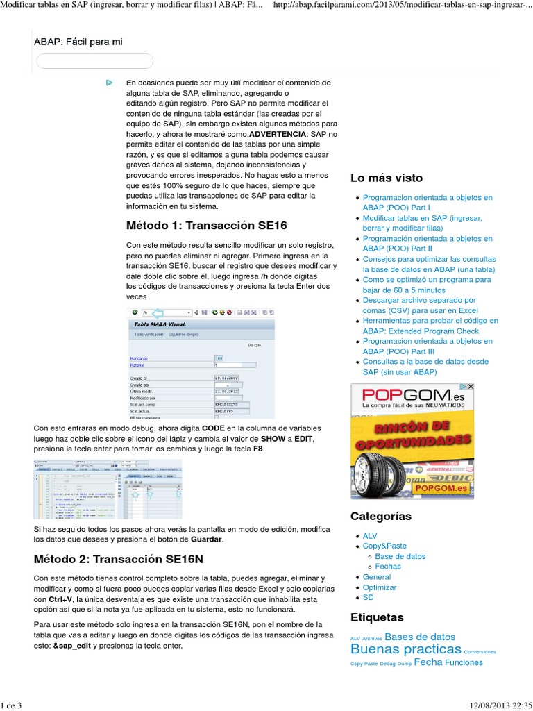Modificar Tablas SAP | PDF | Tabla (base de datos) | Programación orientada a objetos