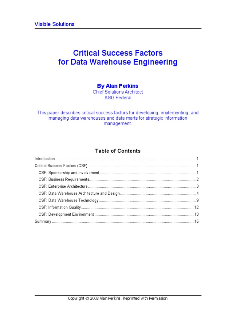 Critical Success Factors For DWH | PDF | Data Warehouse | Metadata