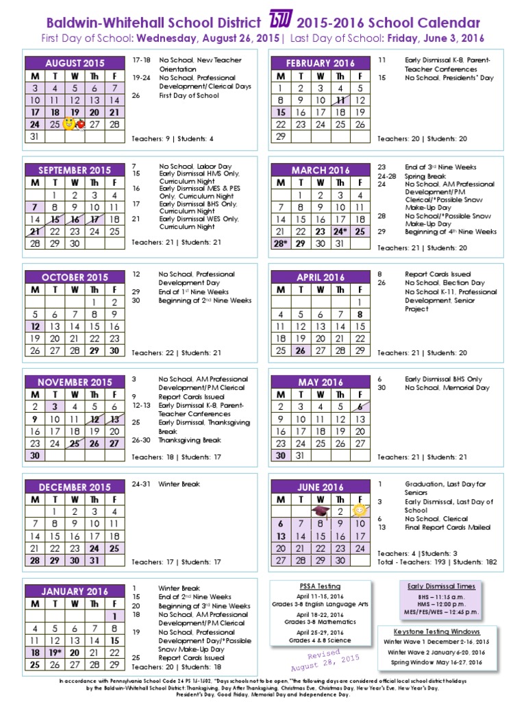 Baldwin-Whitehall School Calendar 2015-16 | PDF | Learning | Observances