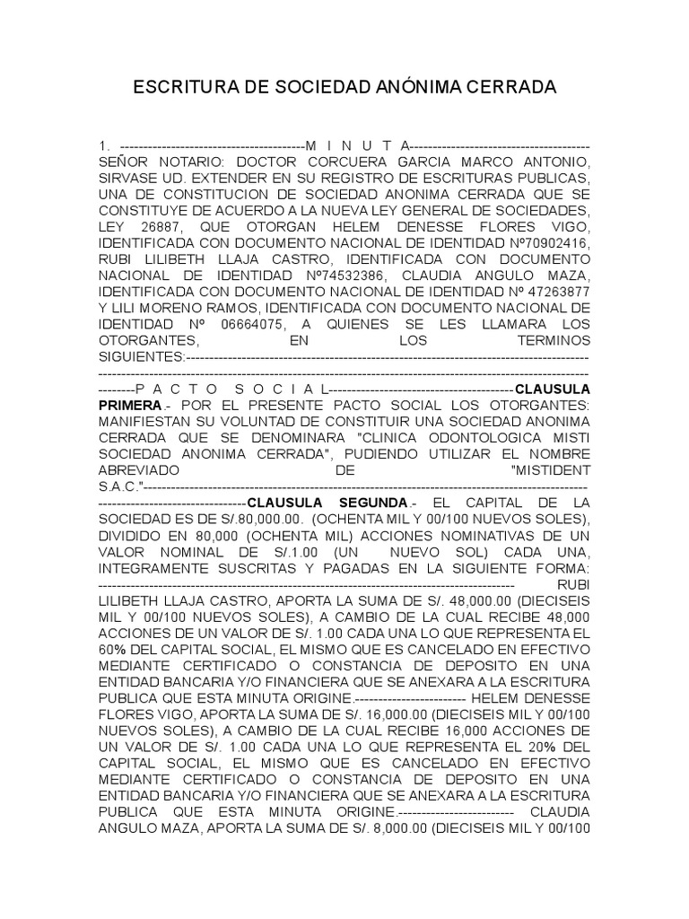 Escritura de Sociedad Anónima Cerrada | Sociedad de responsabilidad ...