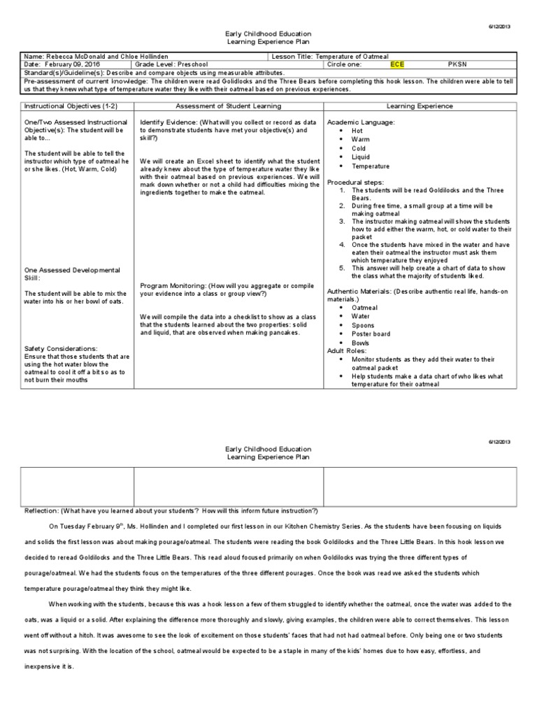 Edt 313 Oatmeal Lesson Plan | PDF | Oatmeal | Early Childhood Education