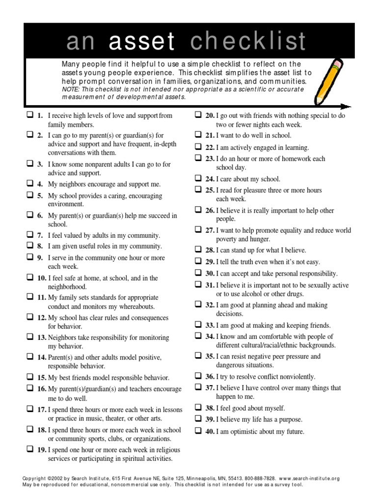 Asset Checklist | PDF | Psychology | Psychological Concepts