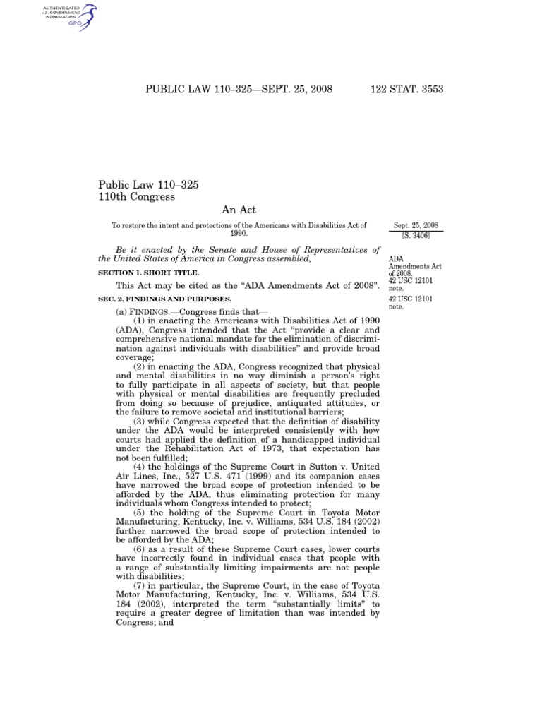 Public Law 110-325 110th Congress An Act | PDF | Americans With ...