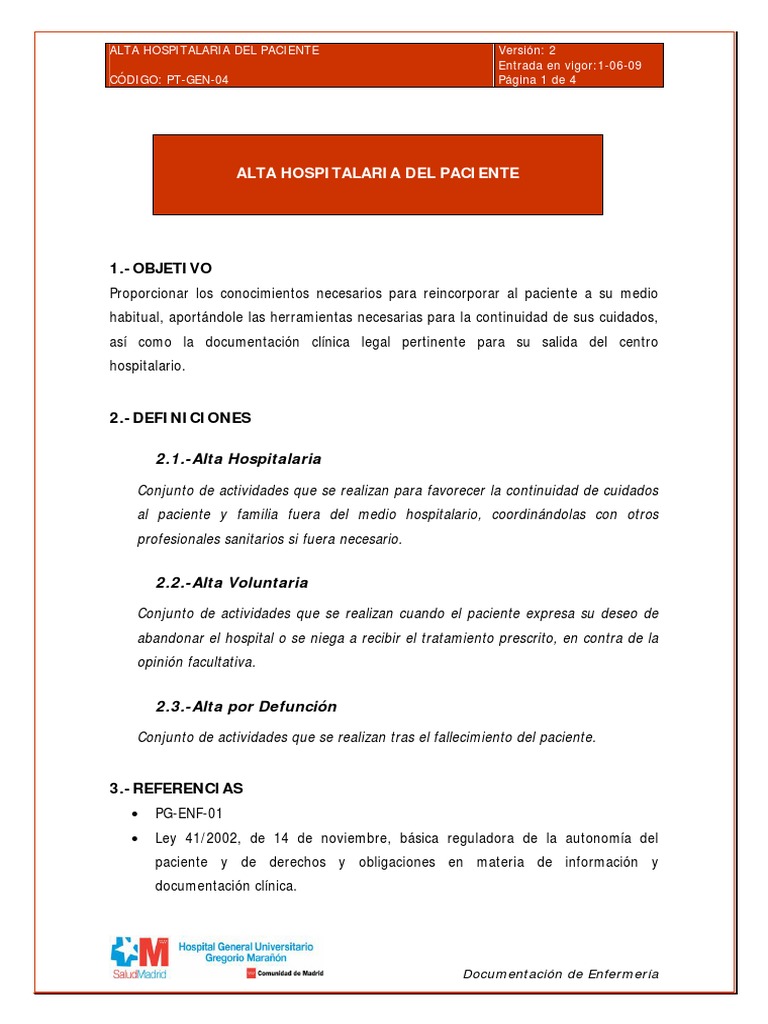 Protocolo de Alta Hospitalaria del Paciente | PDF | Hospital ...