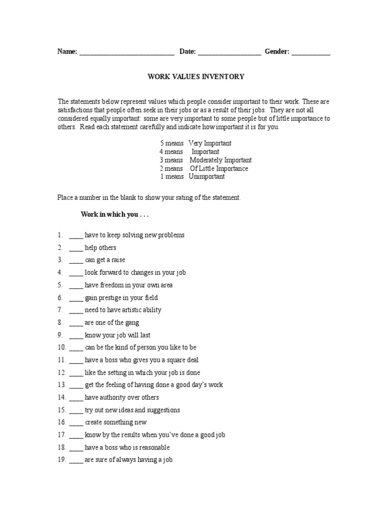 Work Values Inventory | PDF | Sales | Aesthetics
