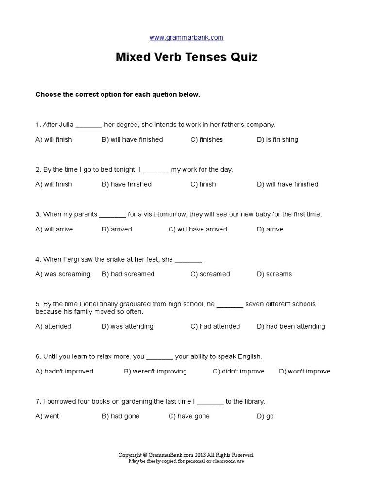 Mixed Verb Tenses Quiz PDF | PDF