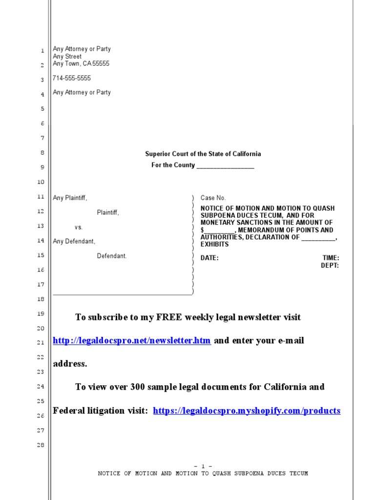 California Motion to Quash Subpoena | PDF | Subpoena Duces Tecum | Subpoena