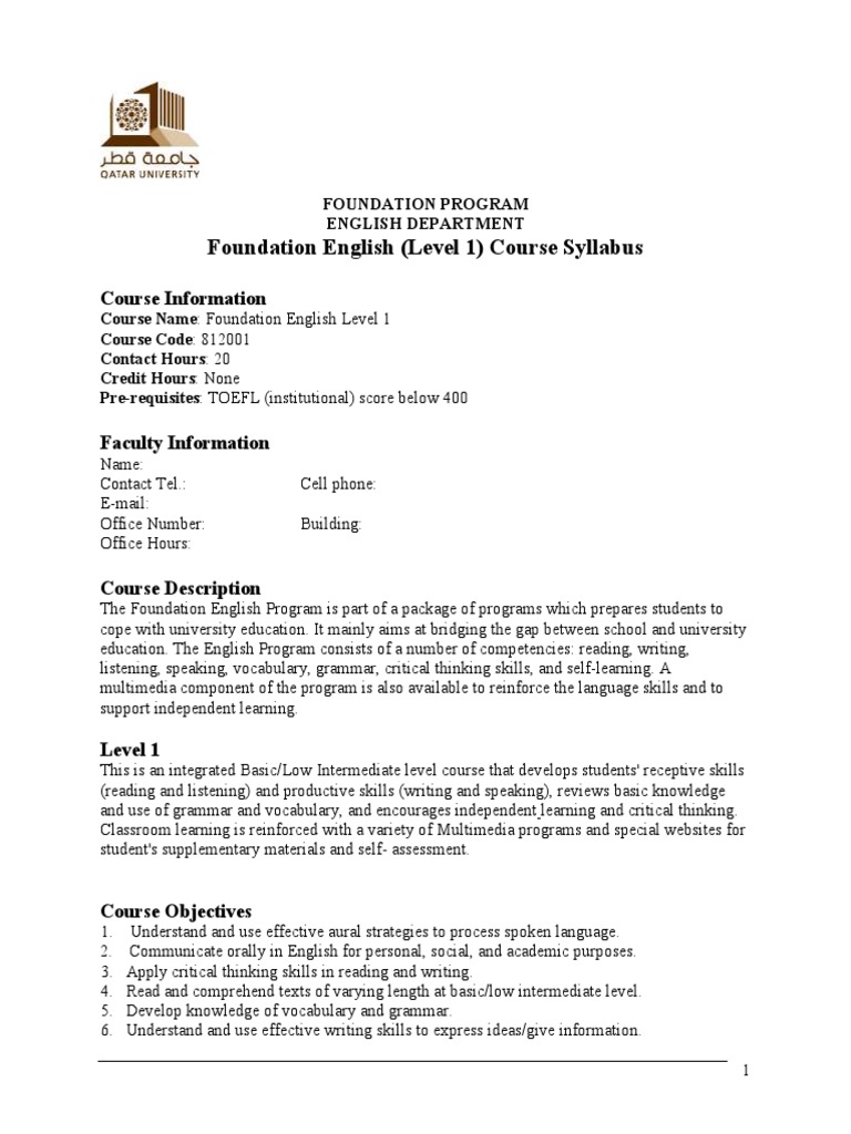 FOUNDATION ENGLISH LEVEL 1 SYLLABUS | PDF | Educational Assessment ...