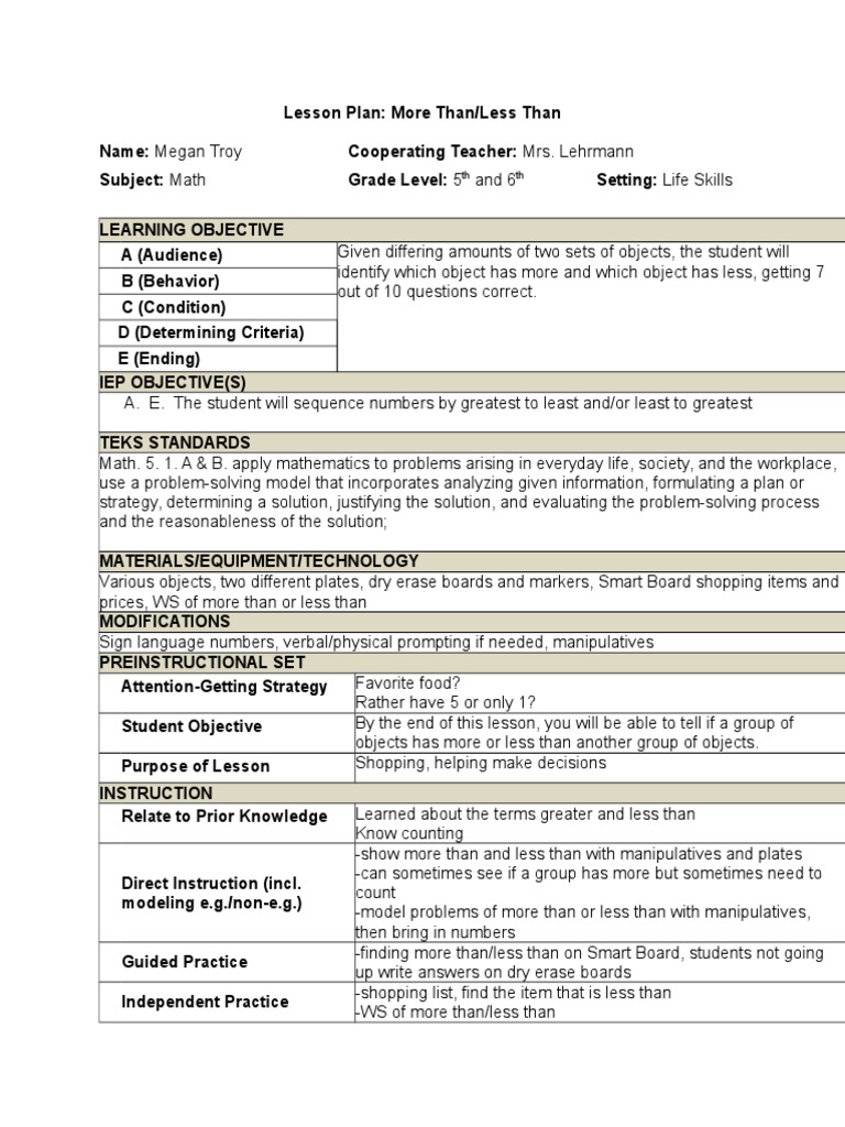 Lesson Plan-Greater Than Less Than | PDF | Teaching Mathematics ...