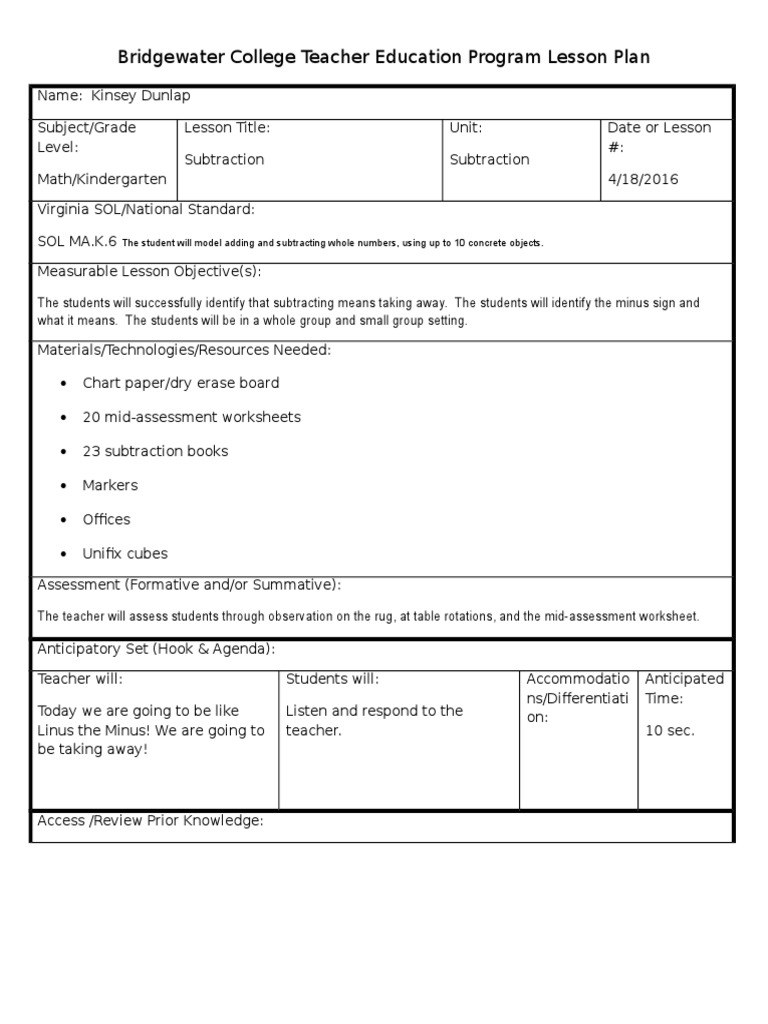 Bridgewater College Teacher Education Program Lesson Plan | PDF ...
