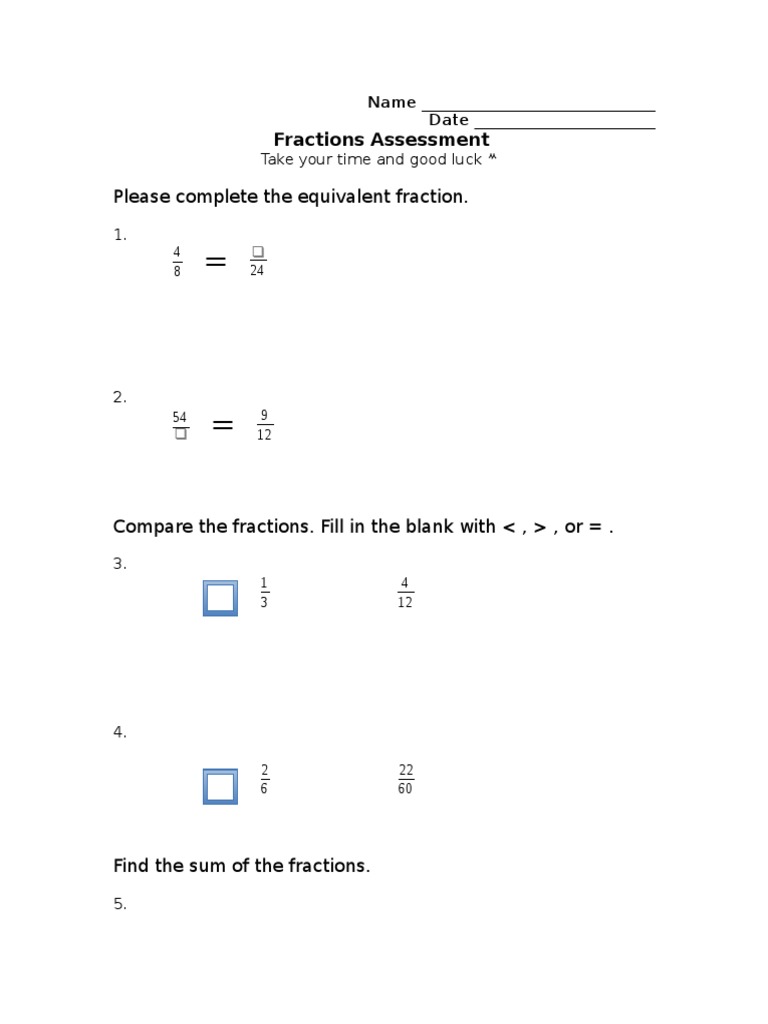 Fractions Assessment Test | PDF