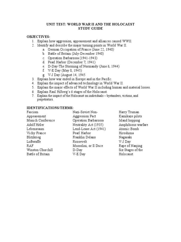 Unit Test: World War Ii and The Holocaust Study Guide Objectives | PDF