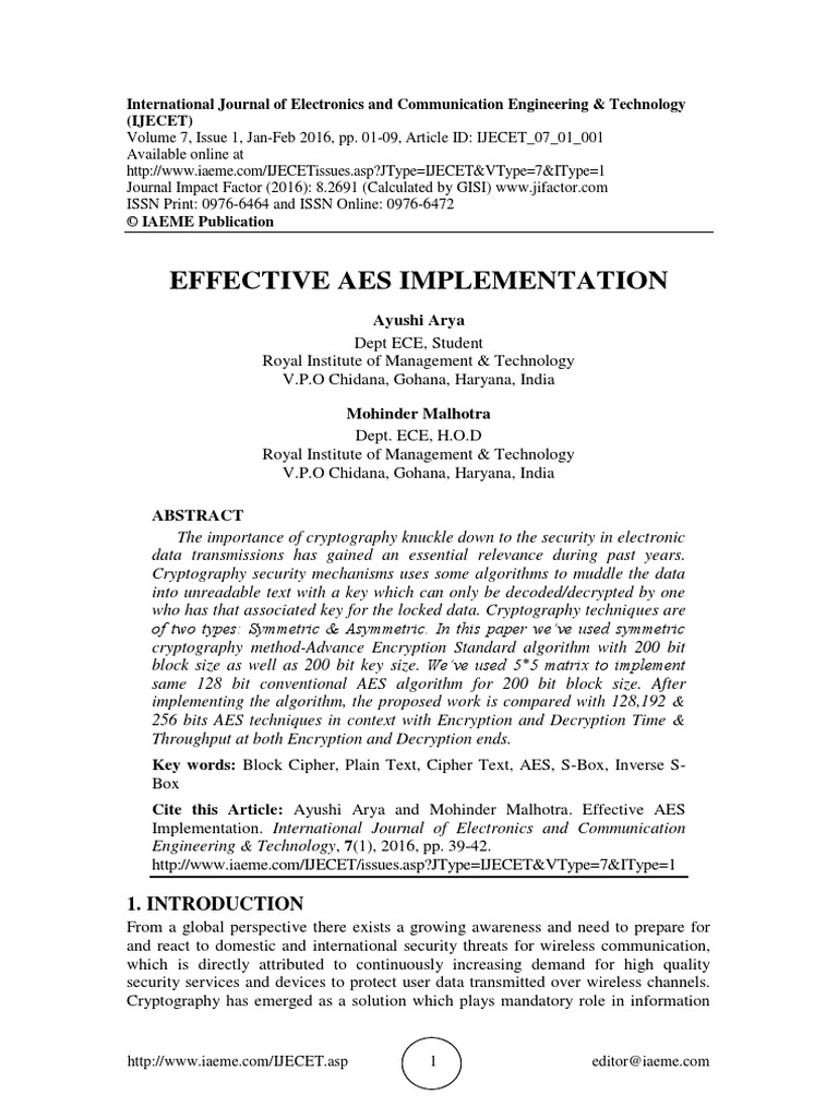 Effective Aes Implementation | PDF | Cryptography | Key (Cryptography)