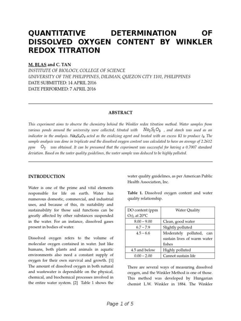 Determination of Dissolved Oxygen by Winkler Titration | PDF ...