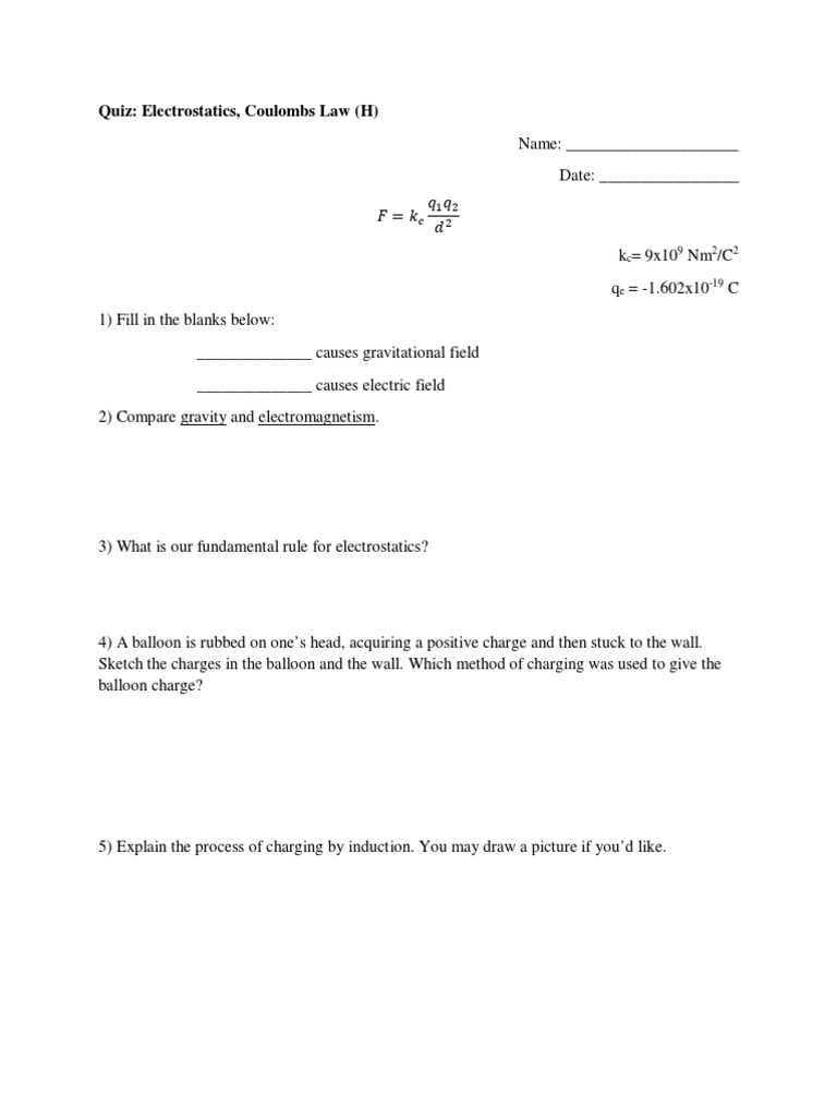 Electrostatics Coulombs Law Quiz | PDF | Technology & Engineering