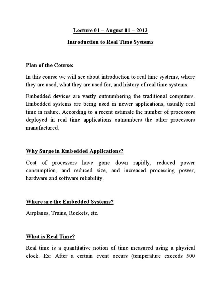 Lecture 01 - August 01 - 2013 Introduction To Real Time Systems | PDF
