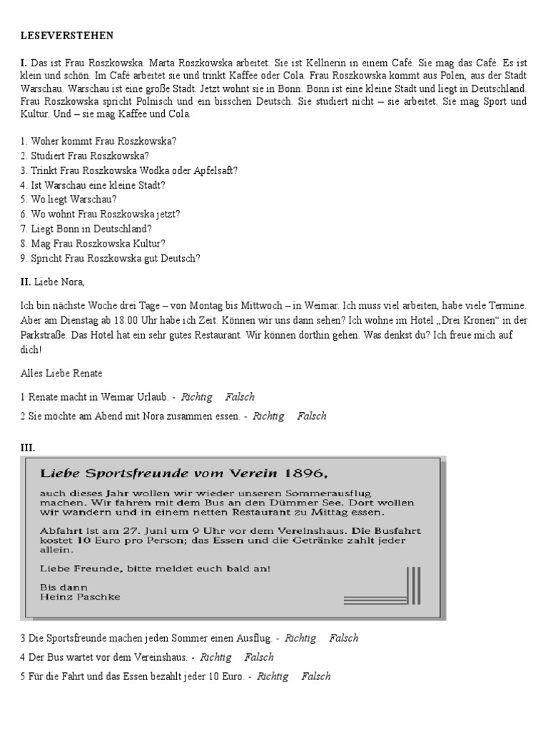A2 Leseverstehen Test