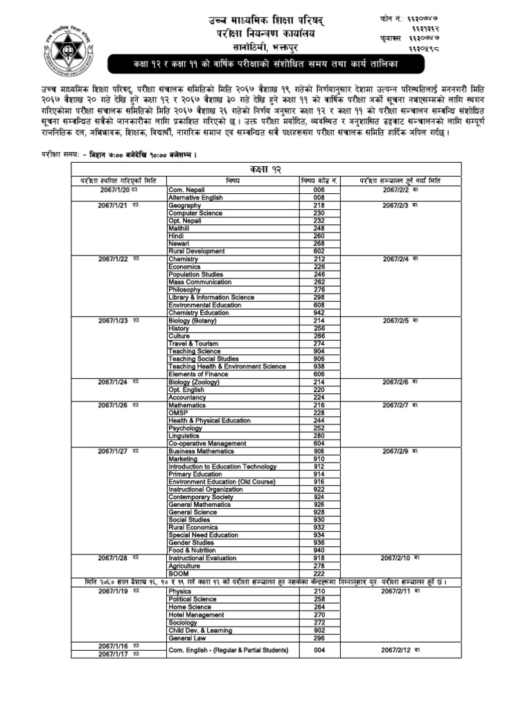 Revised Routine of Grade XII and Grade XI Exams of HSEB, Nepal | PDF ...