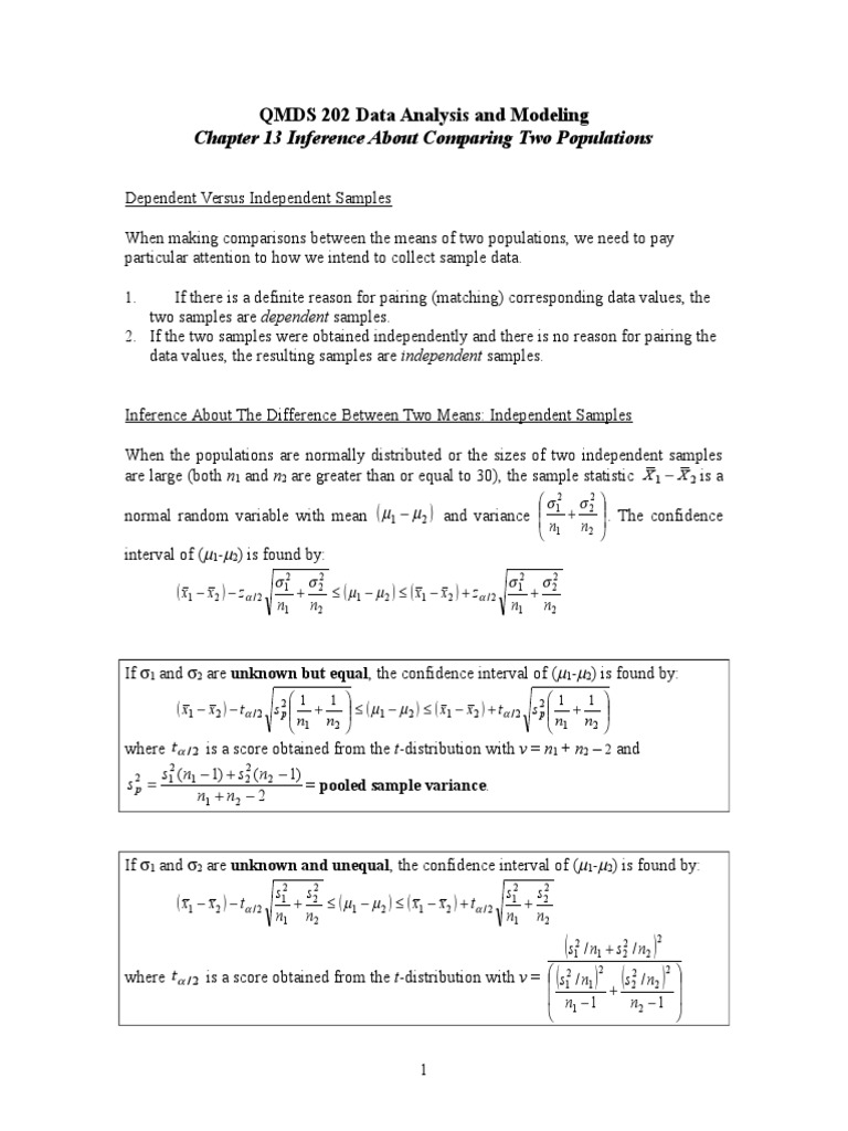 Chapter 13 Inference About Comparing Two Populations: QMDS 202 Data Analysis and Modeling | PDF ...