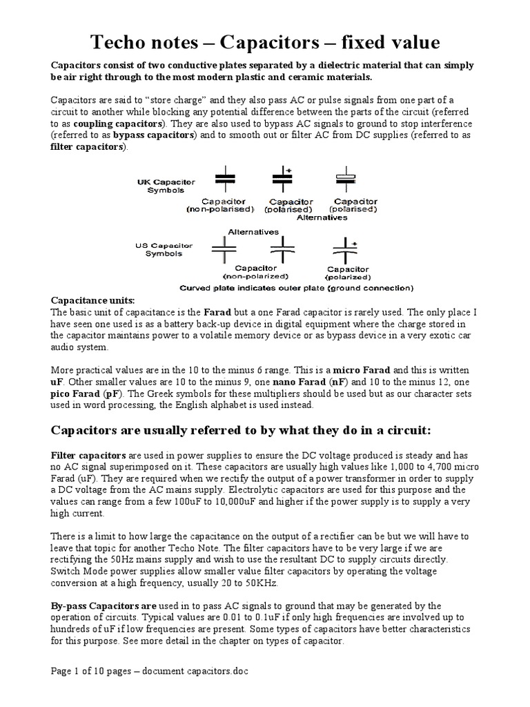 Techo Notes - Capacitors - Fixed Value: Capacitors Are Usually Referred ...