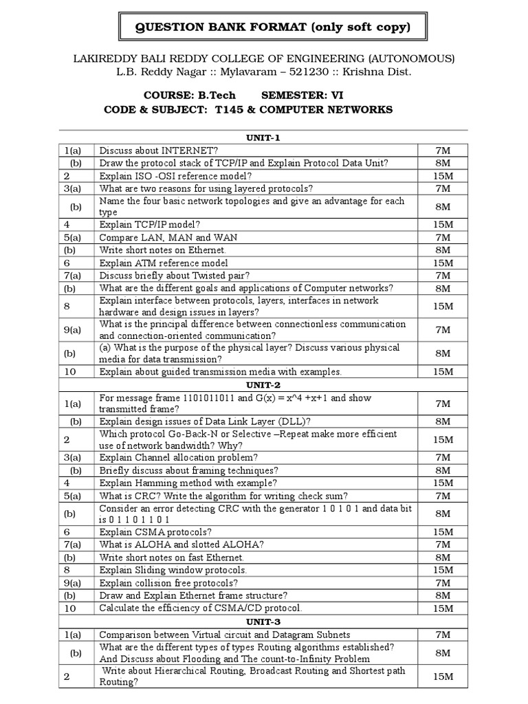 QUESTION BANK FORMAT (Only Soft Copy) : Course: B.Tech Semester: Vi ...