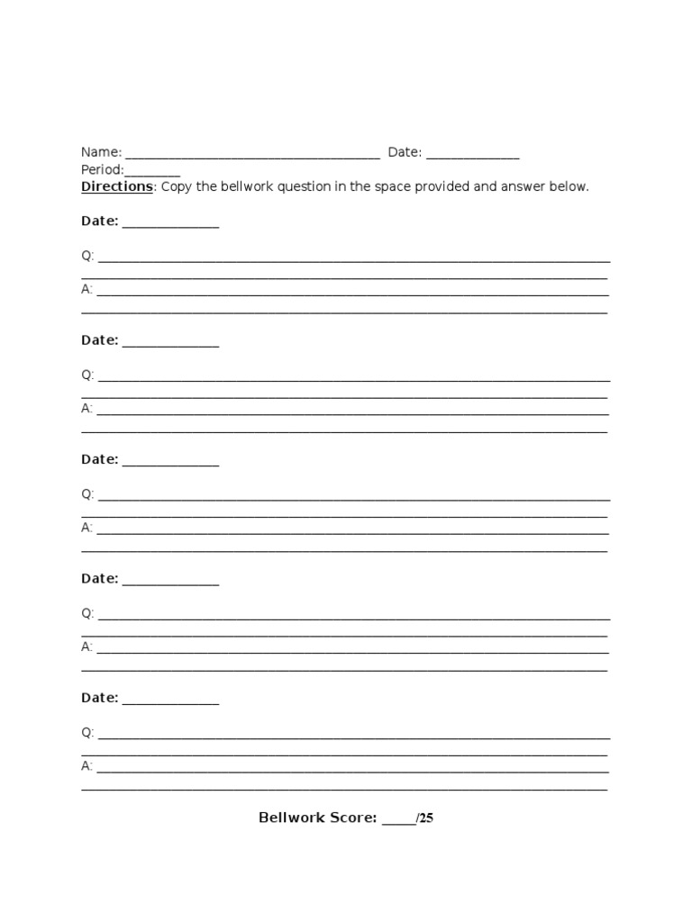 Bellwork Question Template | PDF