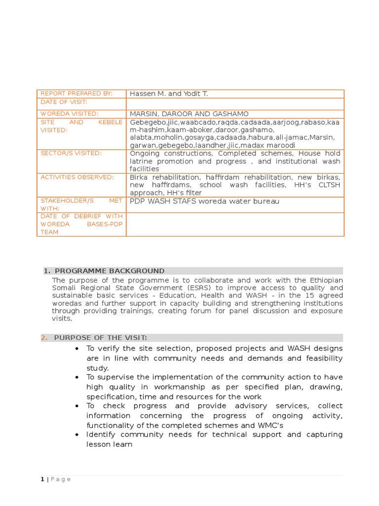 Report Prepared By: Date of Visit: Woreda Visited: Site and Kebele ...