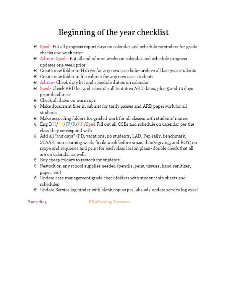 Beginning of The Year Checklists | PDF