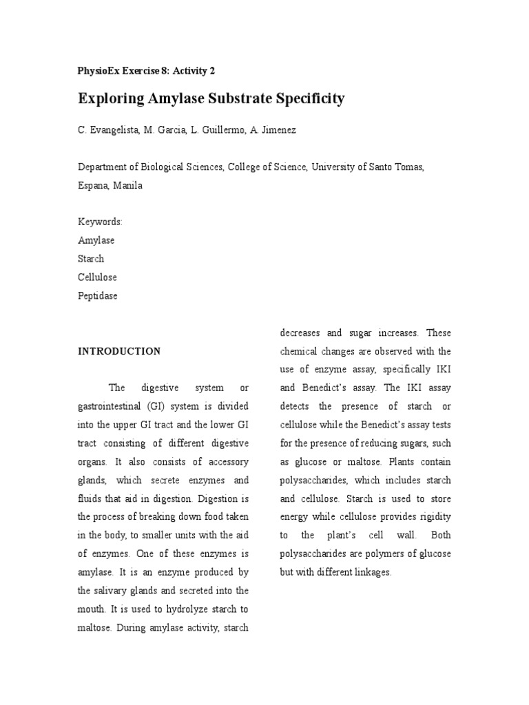 Exploring Amylase Substrate Specificity: Physioex Exercise 8: Activity ...