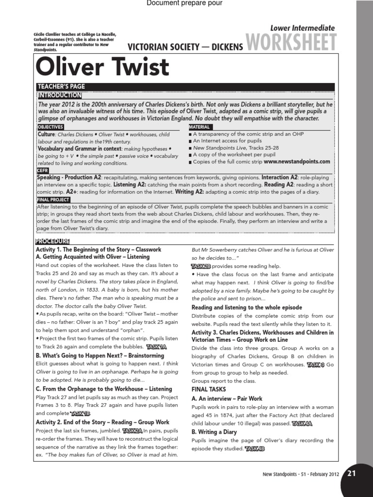 Oliver Twist: Worksheet | PDF | Oliver Twist | Charles Dickens