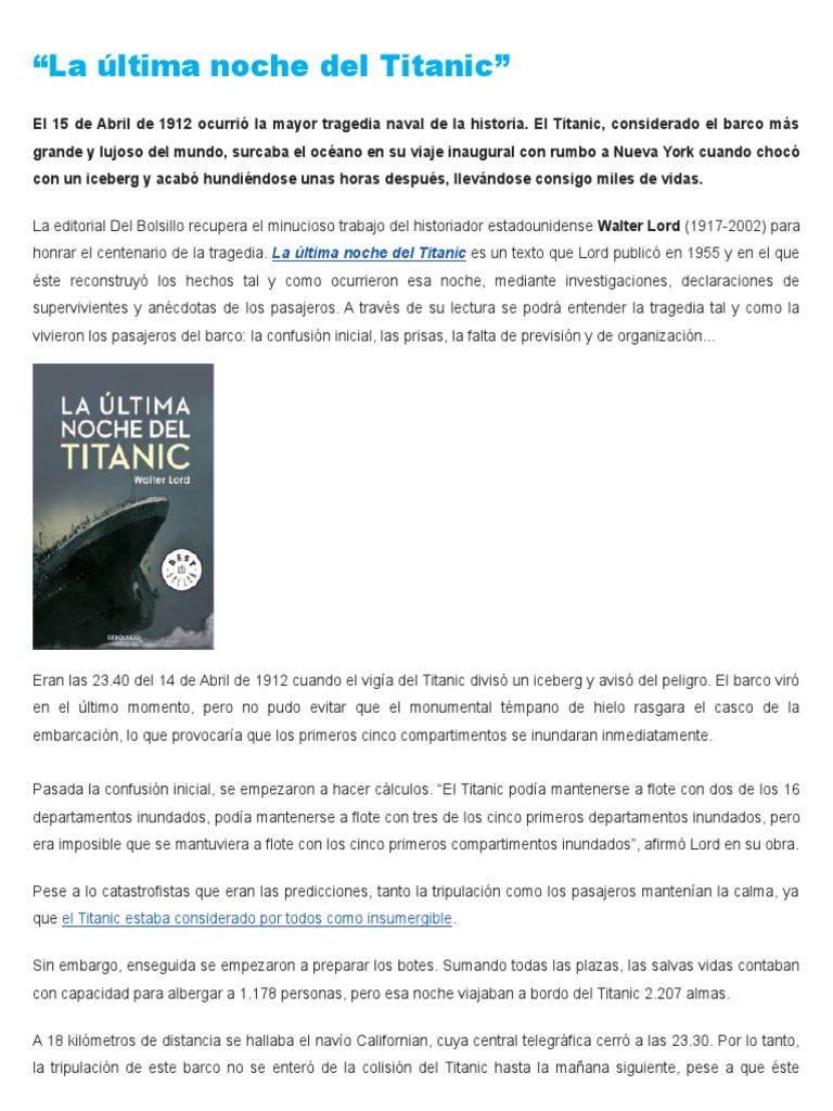 La Última Noche Del Titanic | PDF | Rms Titanic | Incidentes marítimos ...