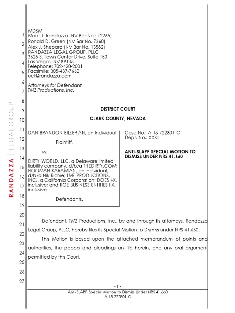 TMZ Adv. Bilzerian - Anti-SLAPP Motion | PDF | Defamation | Lawsuit