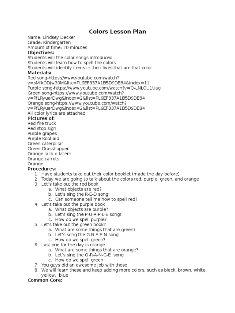 Colors Lesson Plan: Objectives | PDF