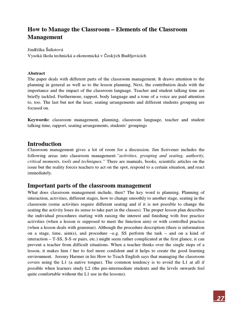 How To Manage The Classroom - Elements of The Classroom Management ...