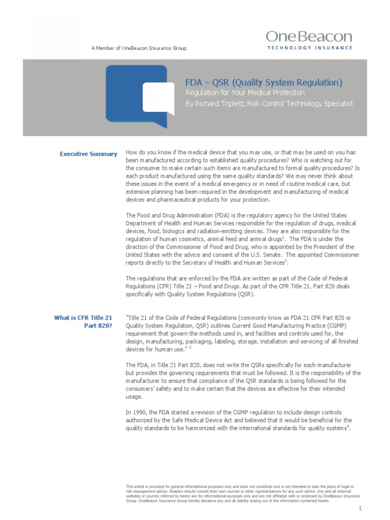 FDA - QSR (Quality System Regulation) | PDF | Food And Drug ...