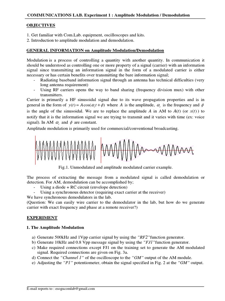 COMMUNICATIONS LAB. Experiment 1: Amplitude Modulation / Demodulation Objectives | PDF ...