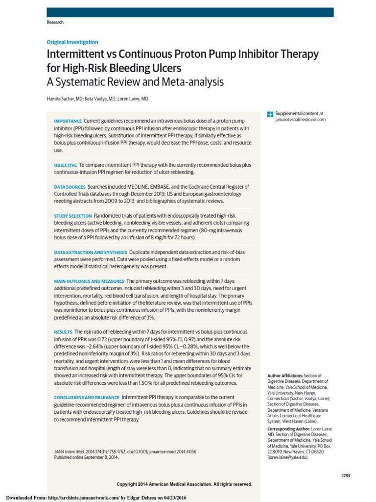 Intermittent Vs Continuous Proton Pump Inhibitor Therapy For High-Risk Bleeding Ulcers A ...