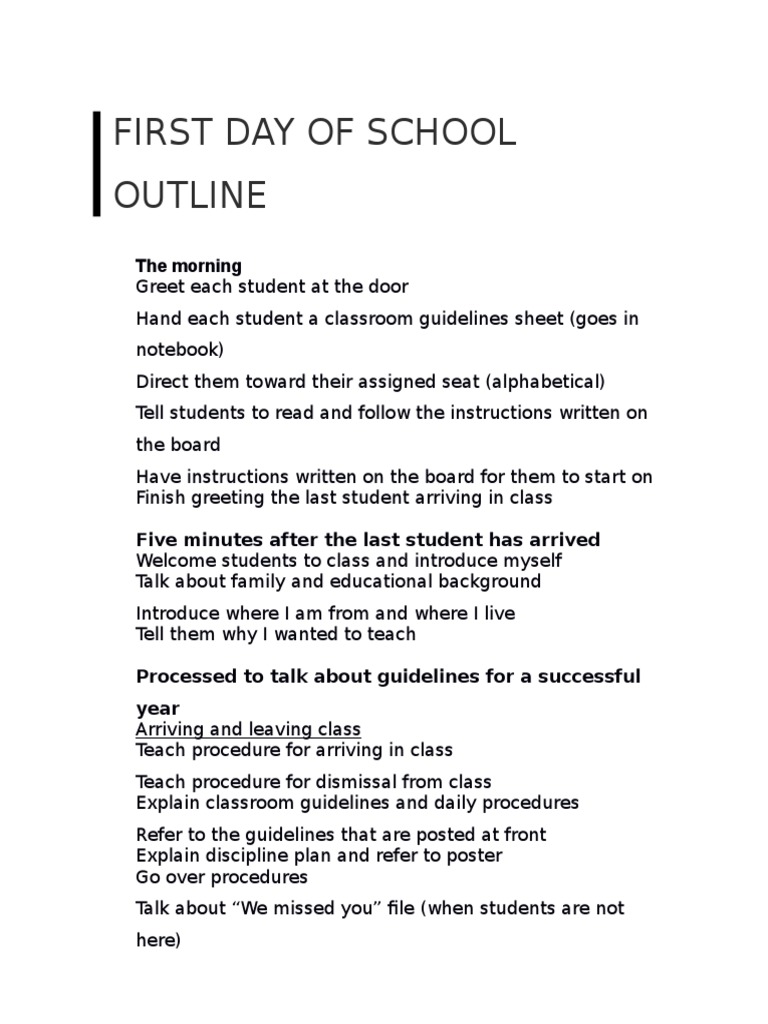 First Day of School Outline Final | PDF | Educational Assessment ...