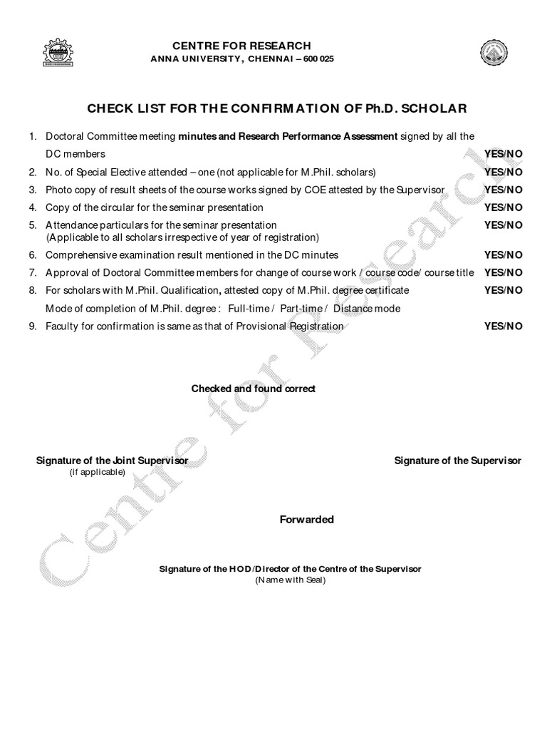 PhD Confirmation Checklist at Anna University | PDF | Technology ...
