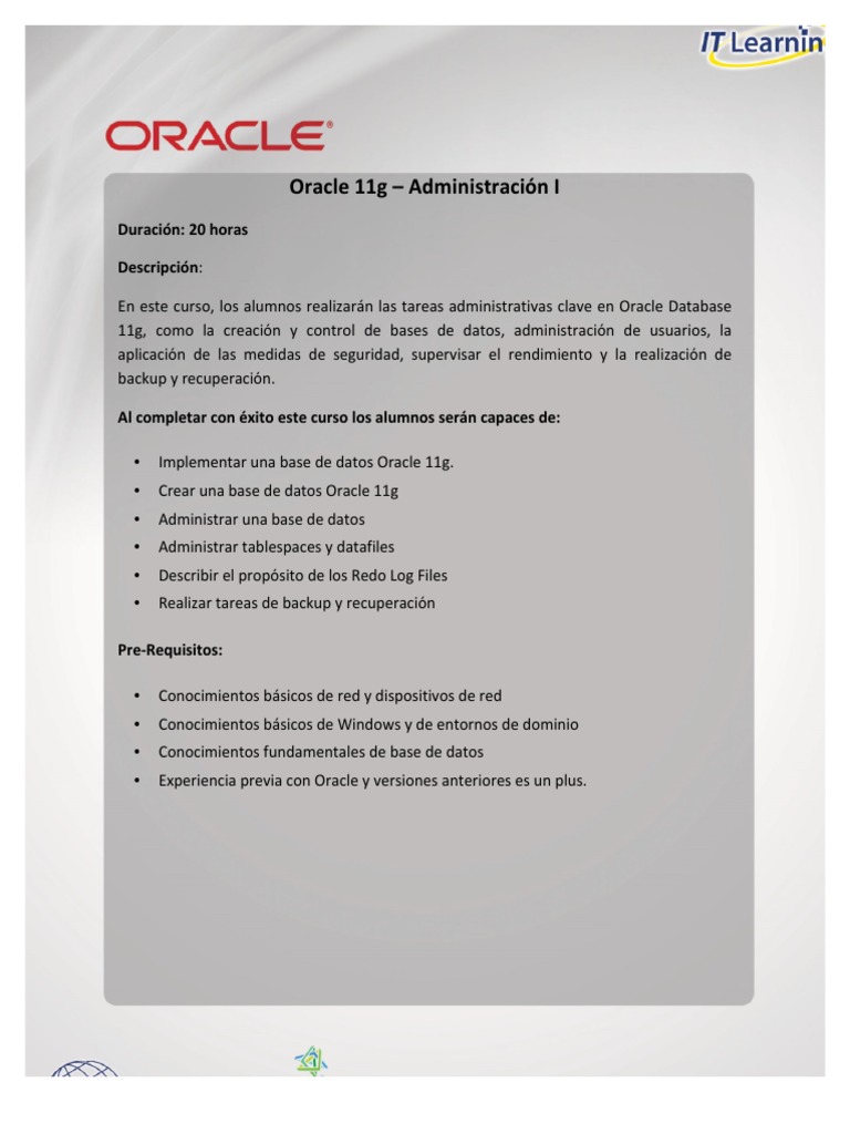 Oracle 11g Admin Course: 20-Hour Guide | PDF | Oracle Database | Databases